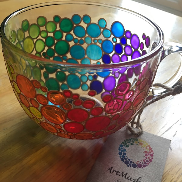 Rainbow Glass Mug, Colored Hand Painted Coffee Mug With Funny Bubbles ...
