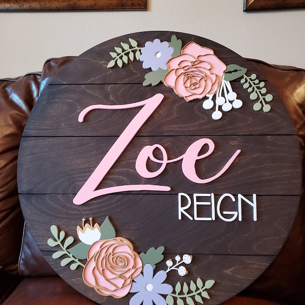 Round Floral Shiplap Baby Name Sign for Nursery or Shower Decor Flowers ...