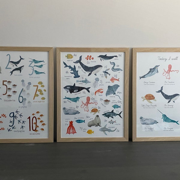Sea Animals Numbers Poster, Ocean Animals Counting 1-10 Print, Playroom ...