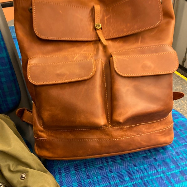 Handcrafted LEATHER BACKPACK in Cognac Brown Color With Two Front ...