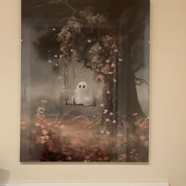 Cute Ghosts in Fall Meadow W/ Haunted House, Vintage Ghost Painting ...