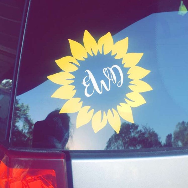 Sunflower Monogram Decal, Custom Sunflower Monogram Sticker, Initials ...