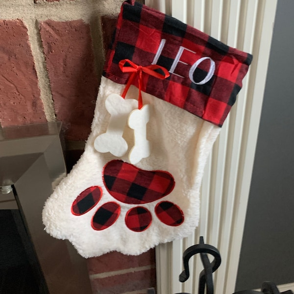 Personalize Dog Stocking, Pet Stocking, Plaid Dog Stocking, Dog Paw ...