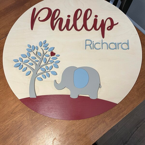 Elephant Themed Nursery Name Sign, 24 Inch, Baby Shower, Round Plaque ...