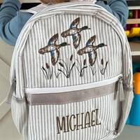 Embroidered Seersucker Backpack - Mallard Ducks Gingham - Kids Backpack ...