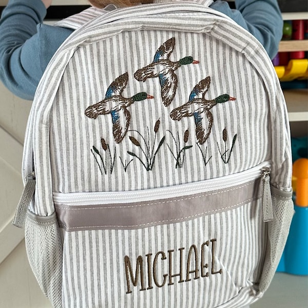 Embroidered Seersucker Backpack - Mallard Ducks Gingham - Kids Backpack ...