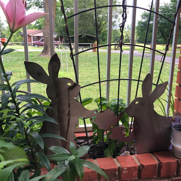 Rustic Metal Standing Rabbit Yard Art With Stake- Steel Bunnies- Metal ...