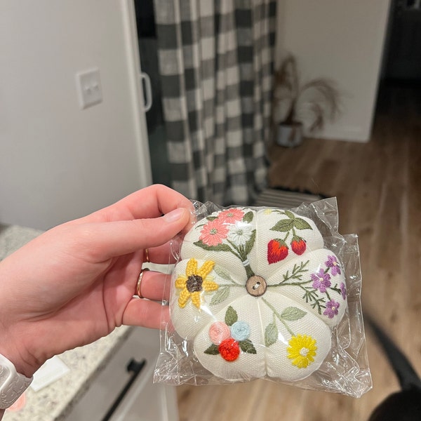 Flower Garden Embroidered Pin Cushion, Handmade Round Pumpkin ...
