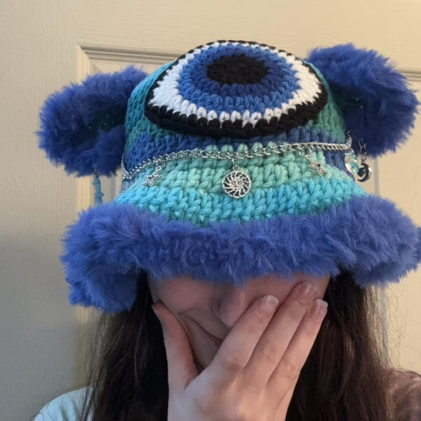 Fuzzy Third Eye Crochet Bunny Ear Bucket Hat Adult Size Festival Bucket ...