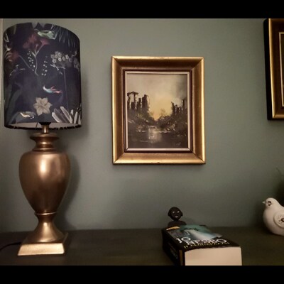 Hummingbird Garden, Dark Blue Botanical Lampshade, Bird & Floral ...