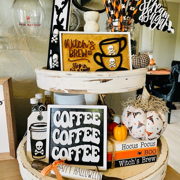 Halloween Coffee Bar Decor Set / Tiered Tray Decor, Black and White 3d ...