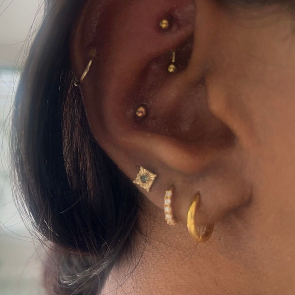 14K Solid Gold Diamond Cut Disc Stud Earring Moss Agate Threadless Push ...
