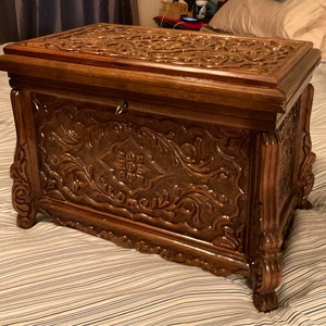 Hand Carved Walnut Large Chest With Key, Hope Chest, Ottoman Storage ...