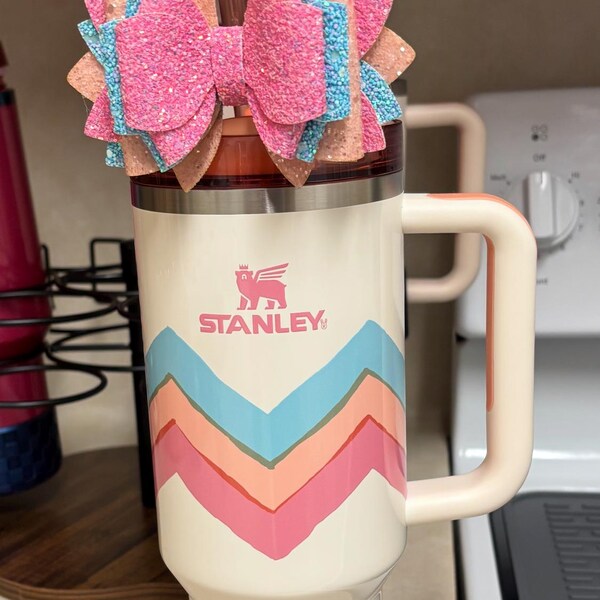 Stanley Tumbler Bow Iridescent Pink Light Pink Glitter Straw Topper ...