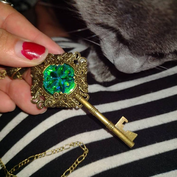 Green Jewel Key Necklace, Witches Key Necklace, Green Key Necklace ...