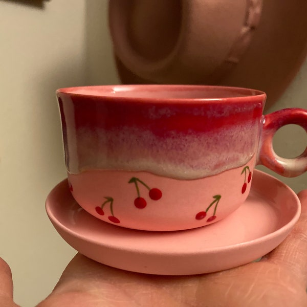 Ceramic Pink Red Heart Mug With Saucer, 5.5 Oz Mug, Handmade Coffee Tea ...