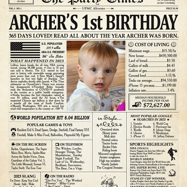1st Birthday Newspaper Poster Sign, 1st Birthday Gift for Son or ...