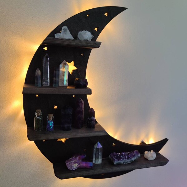 Botanical Crescent Moon Shelf: Light-up Crystal Display - Etsy