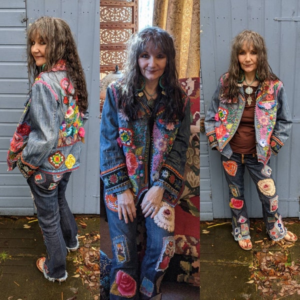 Upcycled Boho Denim Jacket, Wearable Art, Hand Embroidered, Art to Wear ...