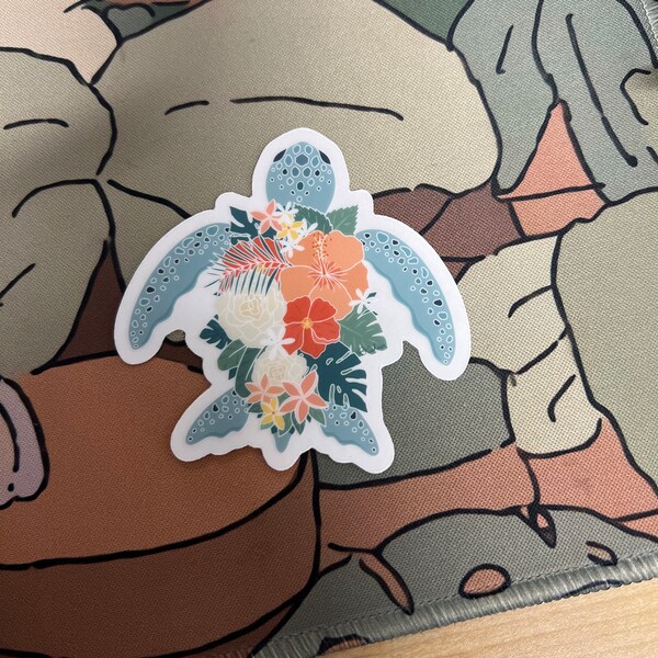 Sea Turtle With Flowers Clear Vinyl Sticker || Ocean Stickers Surf ...