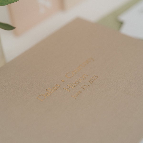 Champagne Linen Lay Flat Guest Book | Gold Lettering | Gold Emboss ...