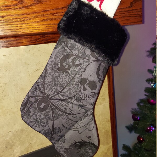 Handmade Gothic Christmas Stocking, Charcoal Gray Black Widow Skulls ...