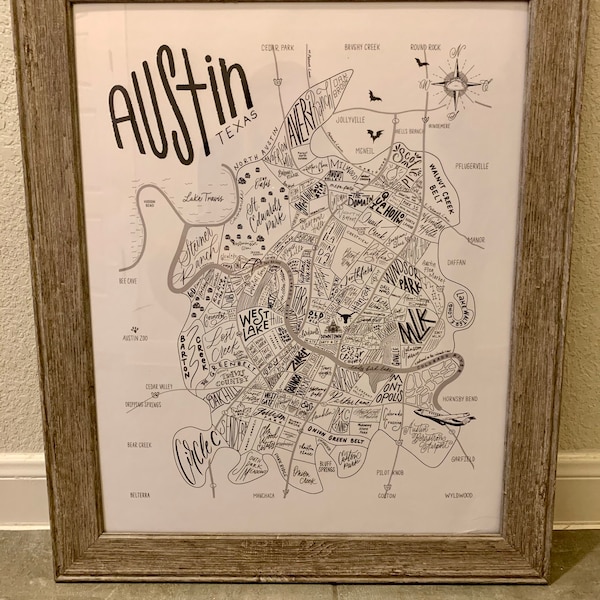 Austin, Texas Neighborhood Map Print - Handlettered-map of Austin ...