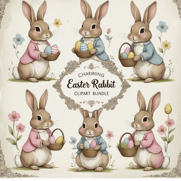 Pastel Easter Bunny Clipart Set, Spring Flowers Watercolor Clipart ...