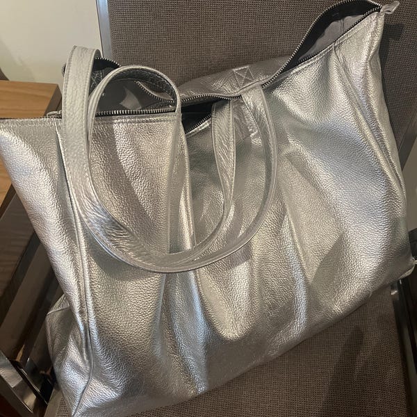 Extra Large Silver Leather Tote Bag: Handmade Oversized Work Bag - Etsy