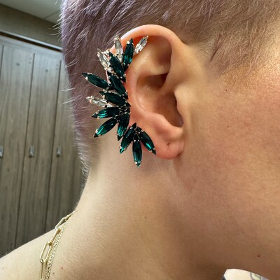 Green Emerald Earring, Bridal Green Ear Cuff, Green Bridal Earrings ...