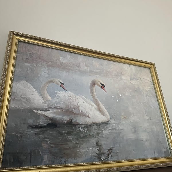 White Swan Oil Painting, Swan Couple Artwork, Physical Shipped, Swan ...