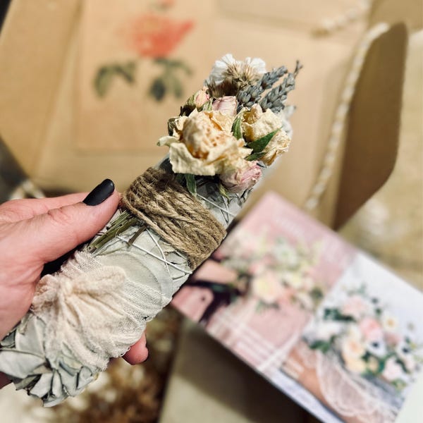 Floral Sage Bundle Gift, Magical Smudge Stick, Large White Sage Wand ...
