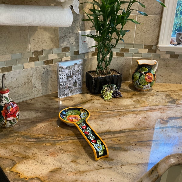 Italian Ceramic Spoon Rest Holder Decorated Pomegranates Pottery Art ...