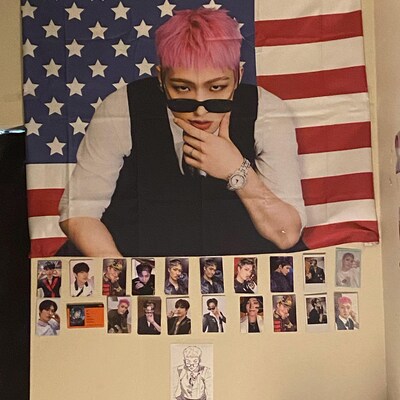 Ateez Mingi Pink Hair America Flag Banner, Ateez Mingi Kpop Flag ...