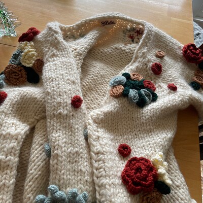 Handmade Knit Cardigan, Chunky Embroidered Cardigan, Crop Cardigan ...