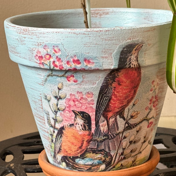 Bird Planter, Chalk Painted Terracotta Clay Pot, Decoupaged, Robins and ...