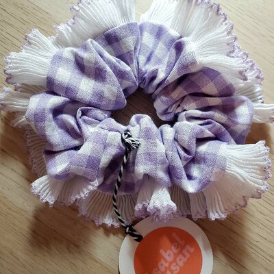 Olive Green Gingham Frill Scrunchie, White Pink Pleated Trim, 15cm ...