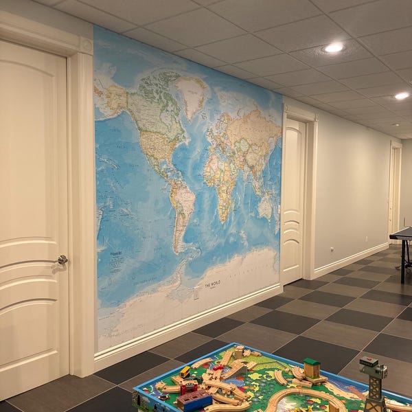 Giant World Map Wall Mural: Removable Peel & Stick Fabric - Blue Ocean ...