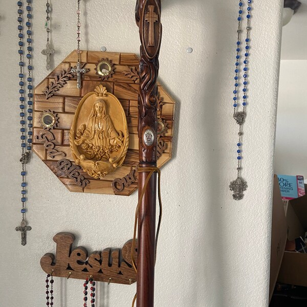 Christian Cross Wooden Walking Stick Cane - Wood Carved Crafted Crook ...