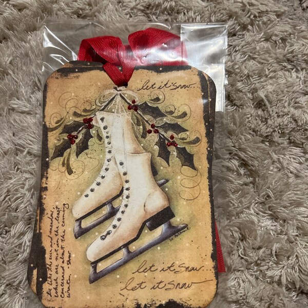 Set of 4 Ice Skate Tags/holiday Tags With Red Seam Binding Ribbon. - Etsy