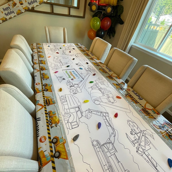 Personalized Construction Truck Coloring Table Runner Heavy Equipment ...