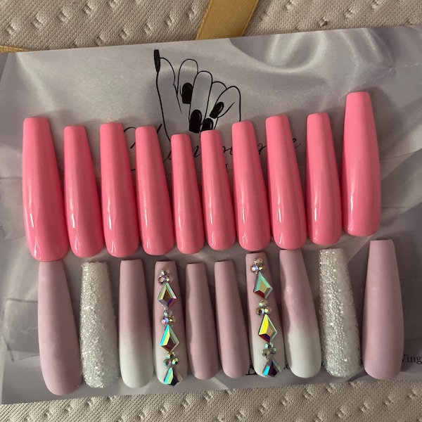 XXXL Square Candy Press on Nails Pink Extra Long Nails Custom Occasion ...