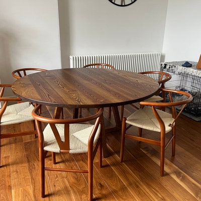 Round Solid Wood Scandi Style Dining Table. Ribbed Wood Pillar Base ...