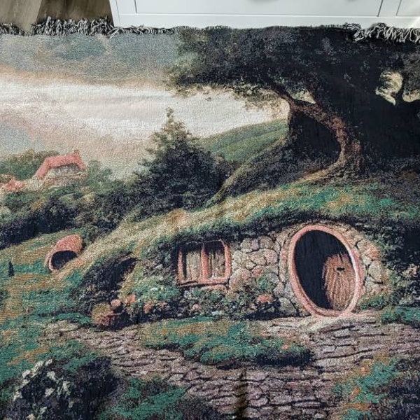 The Shire Hobbit House Landscape Oil Painting Woven Tapestry Throw ...