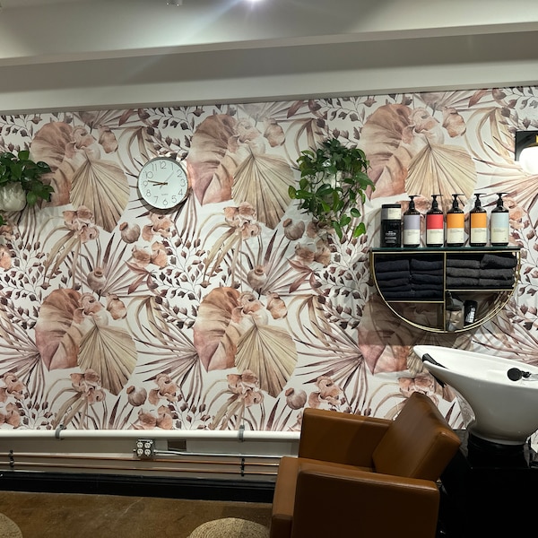 Tropical Boho Leaves Wallpaper / Boho Botanical Wallpaper / Neutral ...