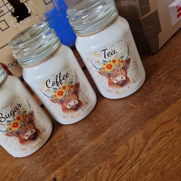 Floral Highland Cow Kitchen Canisters: Tea, Coffee, Sugar Jars - Etsy UK