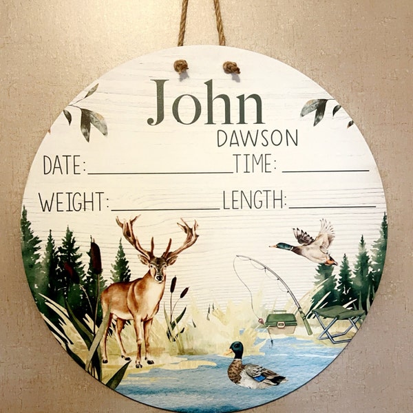 Hunting Birth Stat Sign, Buck Birth Stat Sign, Round Wood Birth Stat ...