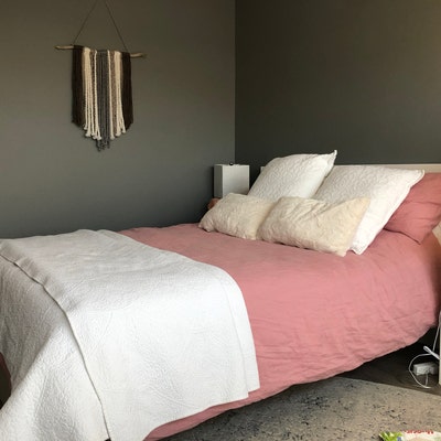 Rose Pink Linen Bedding Set 1 Duvet Cover and 2 Pillowcases Softened ...