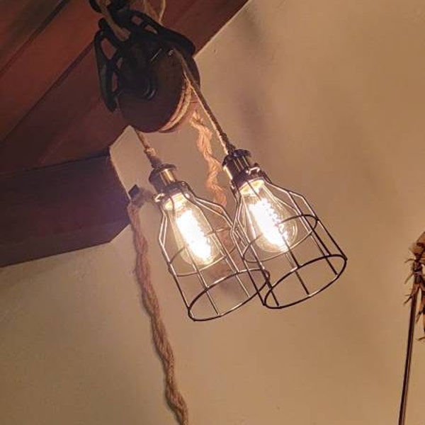 Rustic Farmhouse Pulley Lighting, Pendant Light With Antique Pulley for ...