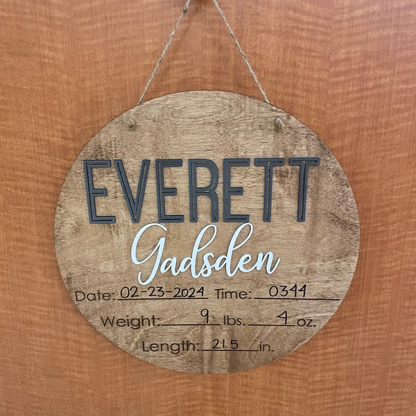3D Baby Birth Stats Sign / Boho Door Hanger / Wood Round Hospital ...